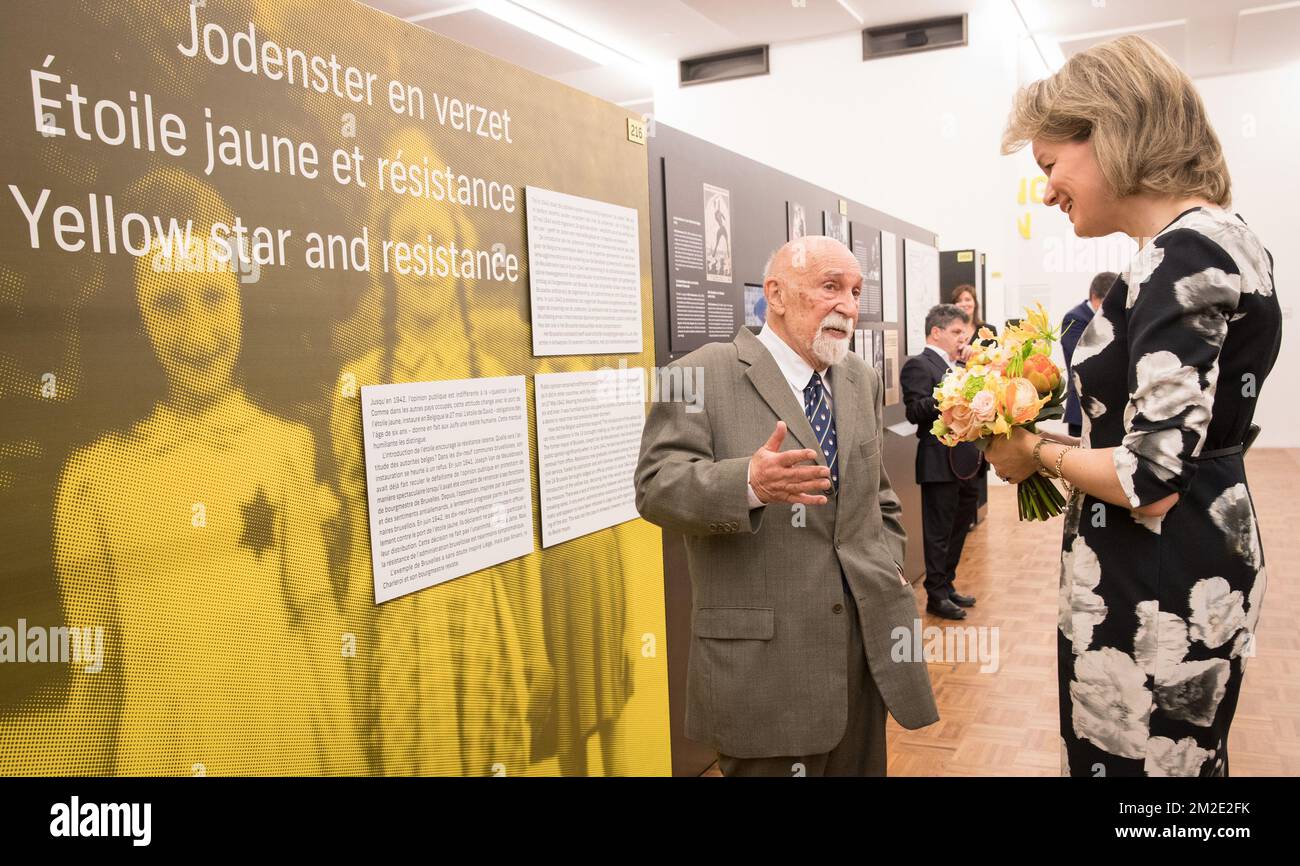 Holocaust survivor Simon Gronowski and Queen Mathilde of Belgium pictured during a visit to the ...
