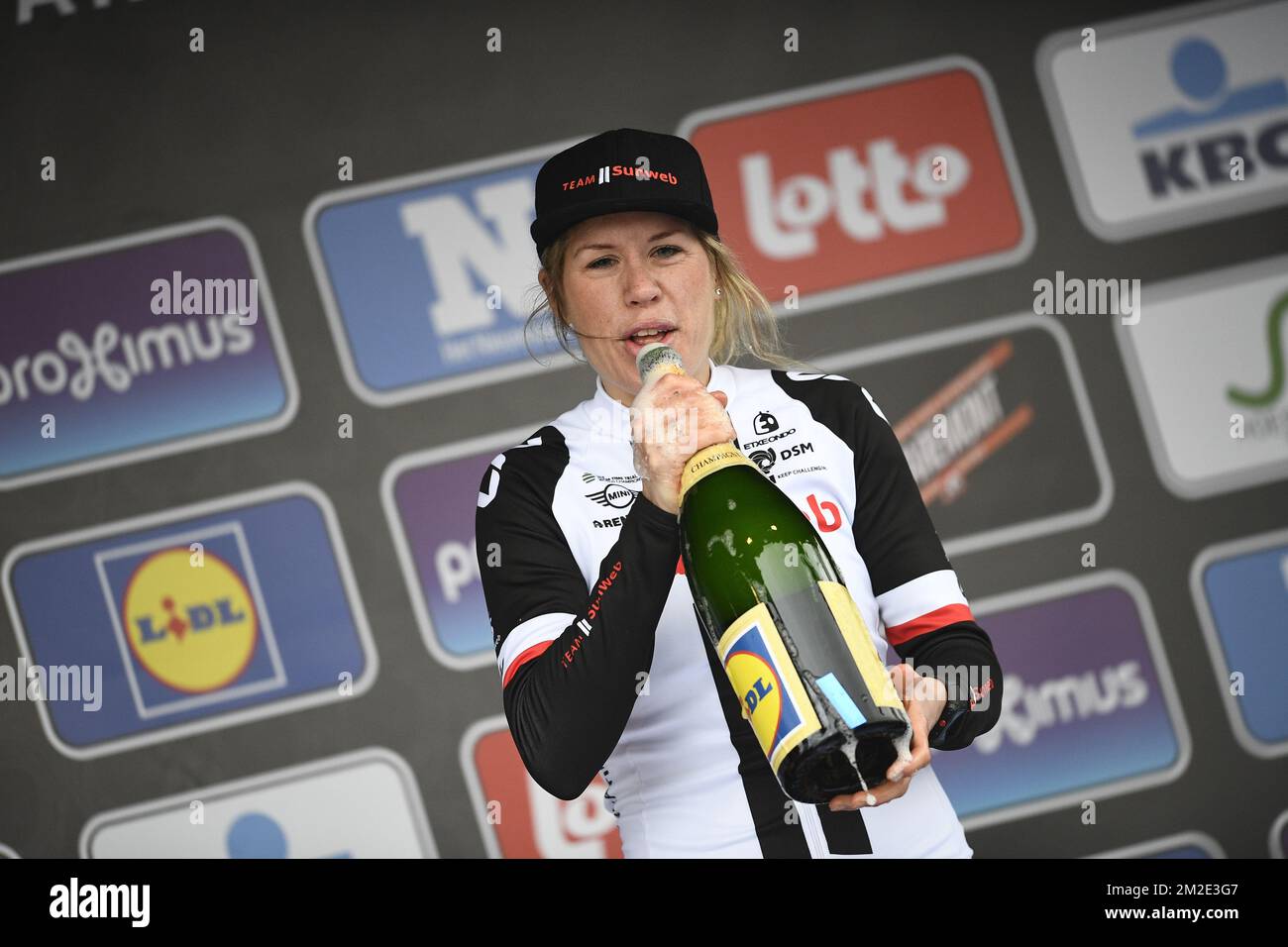 Dutch Ellen van Dijk of Team Sunweb celebrates on the podium after ...