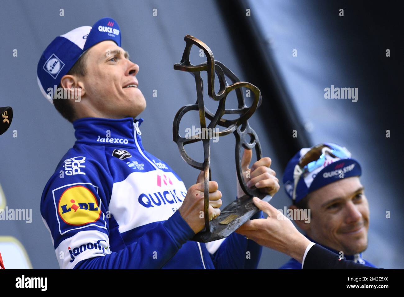 Dutch Niki Terpstra of Quick-Step Floors celebrates on the podium with ...