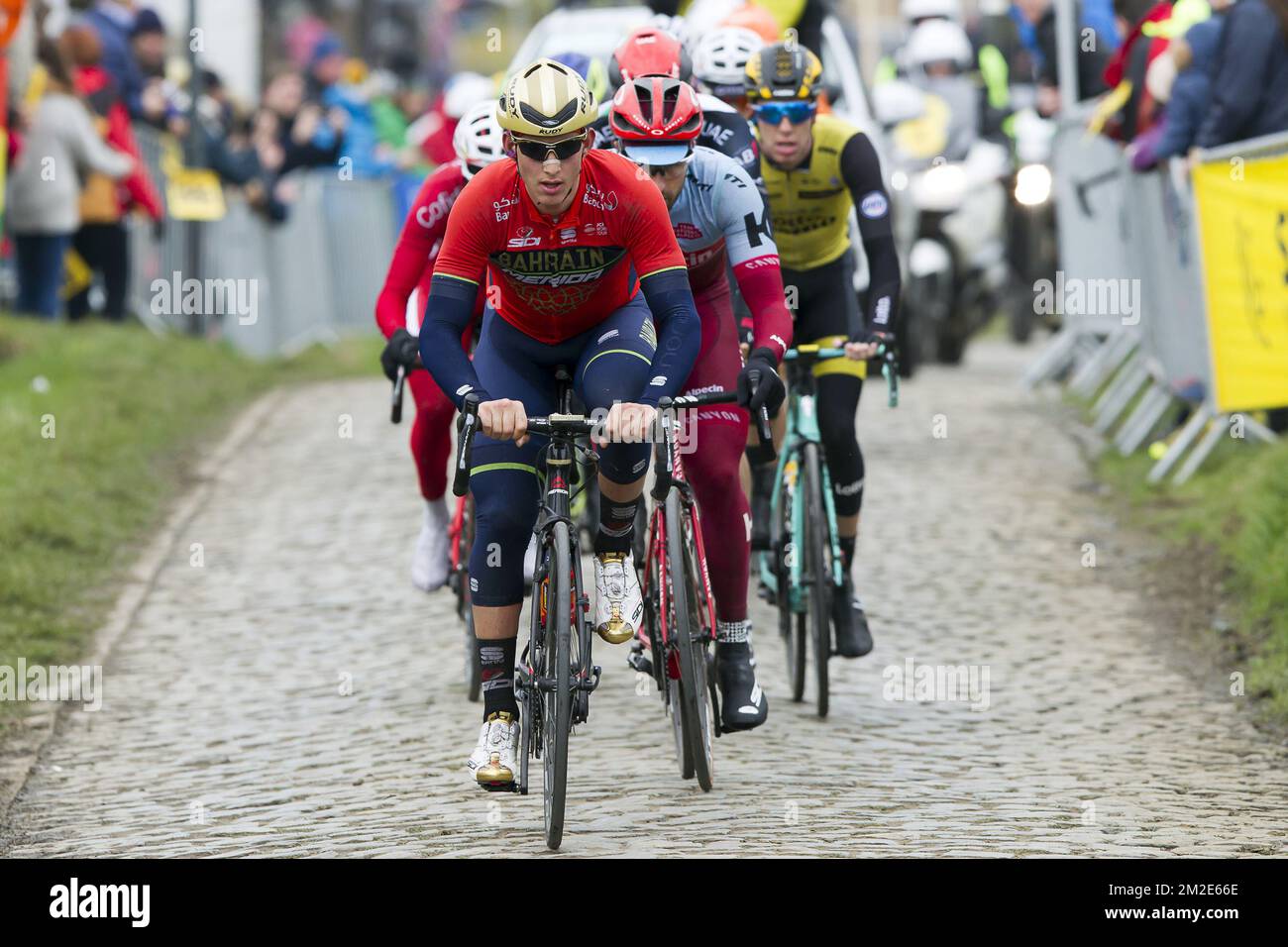 Spanish Ivan Garcia Cortina of Bahrain-Merida (C) pictured in action ...