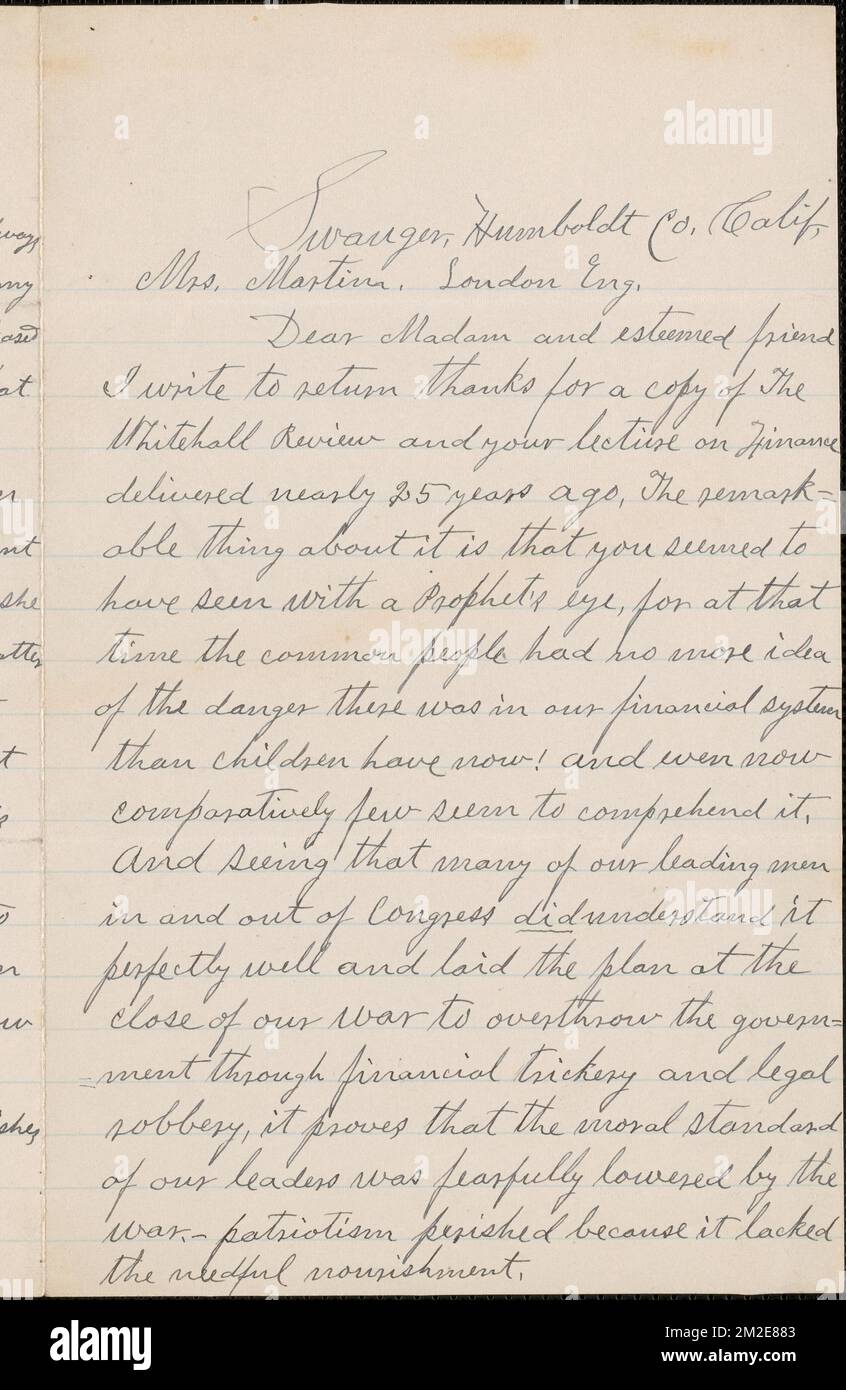 D. White autograph letter signed to [Victoria Woodhull] Martin, Swauger ...