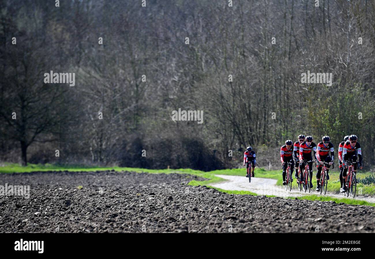 BMC Racing Team riders pictured in action during a track reconnaissance ...