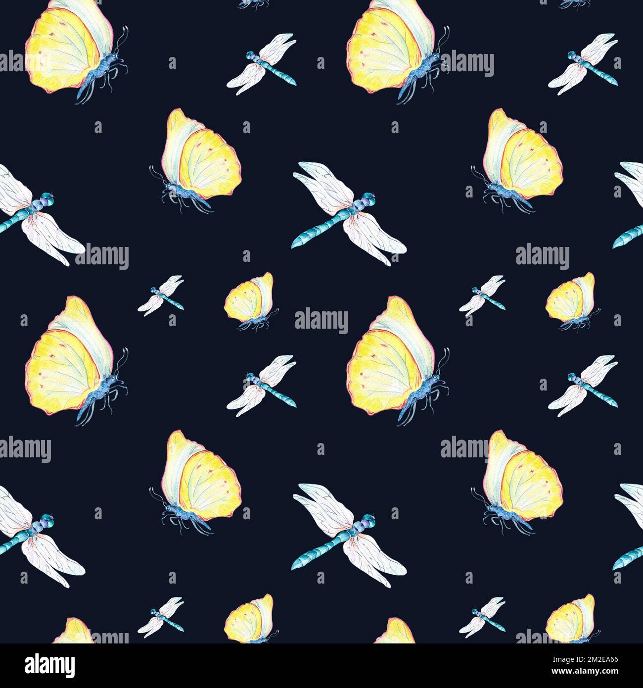 Butterfly and dragonfly watercolor seamless pattern on dark. Yellow ...