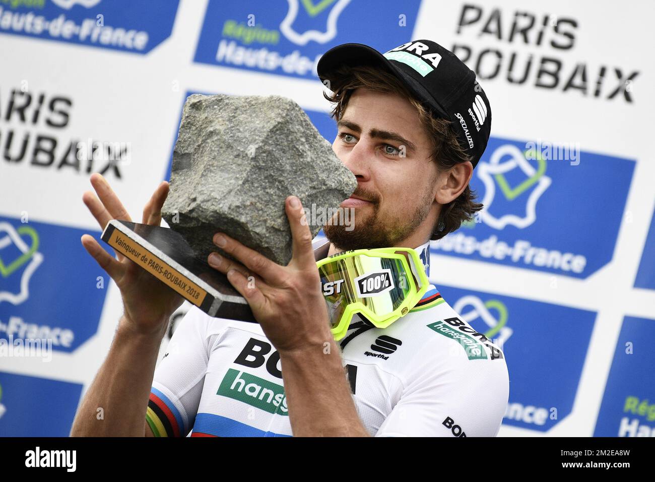 Slovakian Peter Sagan of Bora-Hansgrohe celebrates on the podium with ...