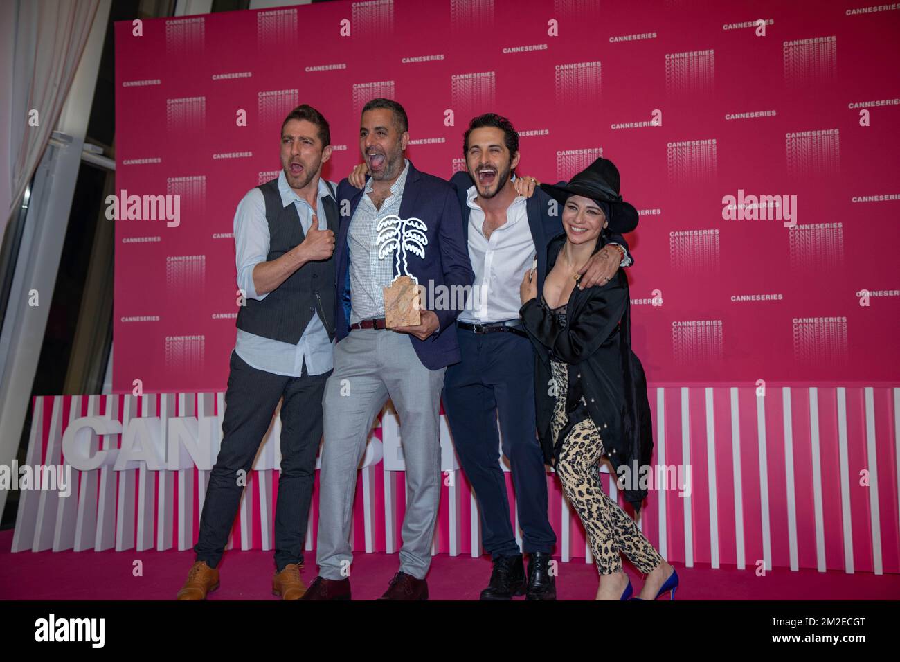 Moshe Ashkenazi,Omri Givon,Tomer Kapon and Ninet Tayeb pose with the Best Serie Award from 'When ...