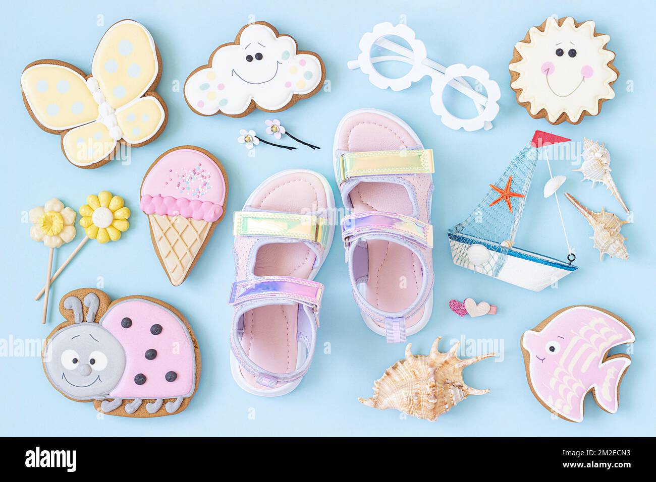 Bright summer background. Cute summer symbols on blue background. Top ...