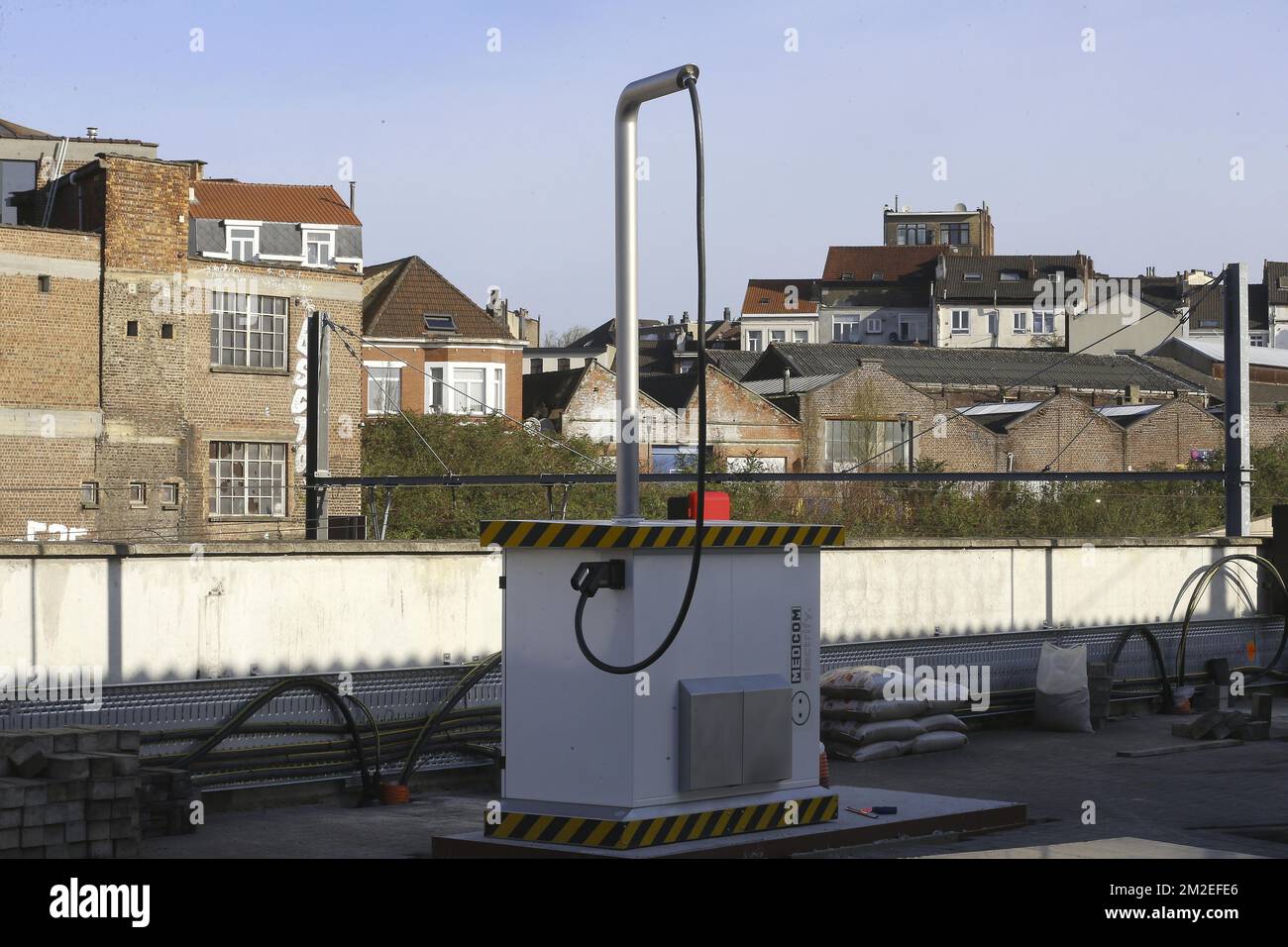Illustration picture shows a charging station for electric buses during ...