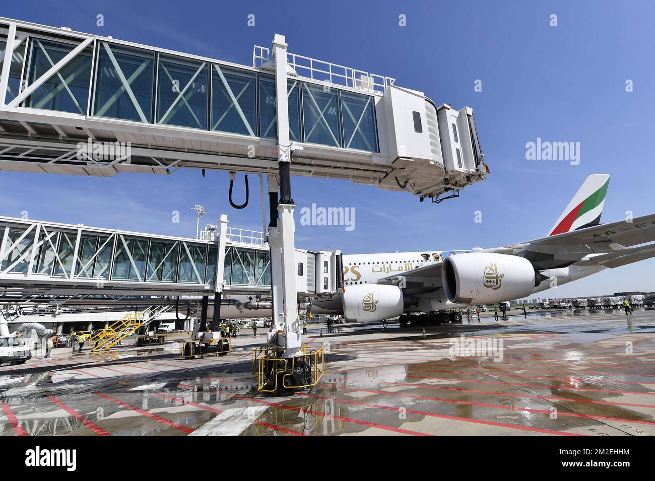 The Airbus A380 of Emirates arrives at the gate, at the inauguration of ...