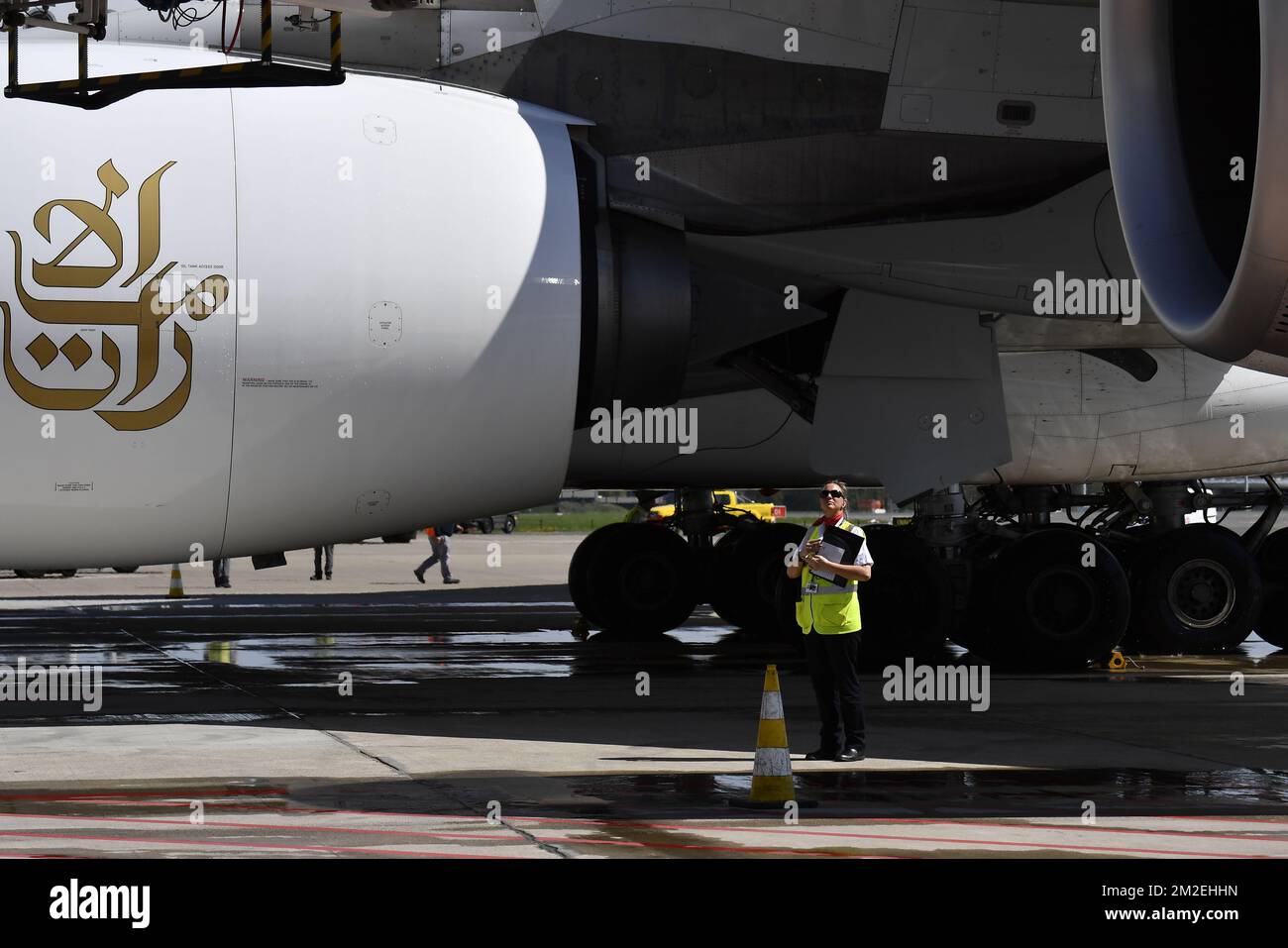The Airbus A380 of Emirates arrives at the gate, at the inauguration of ...