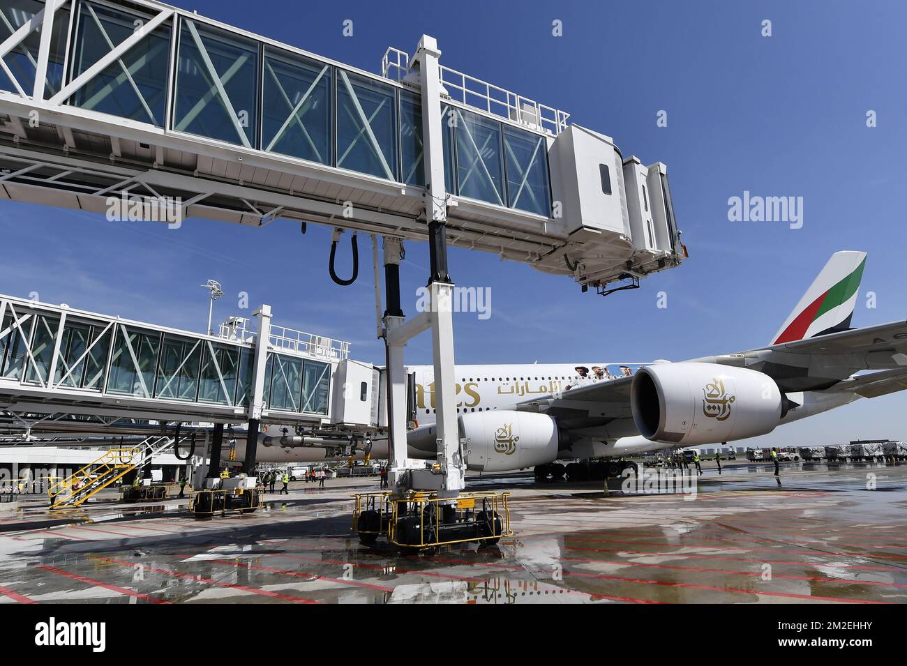 The Airbus A380 of Emirates arrives at the gate, at the inauguration of ...