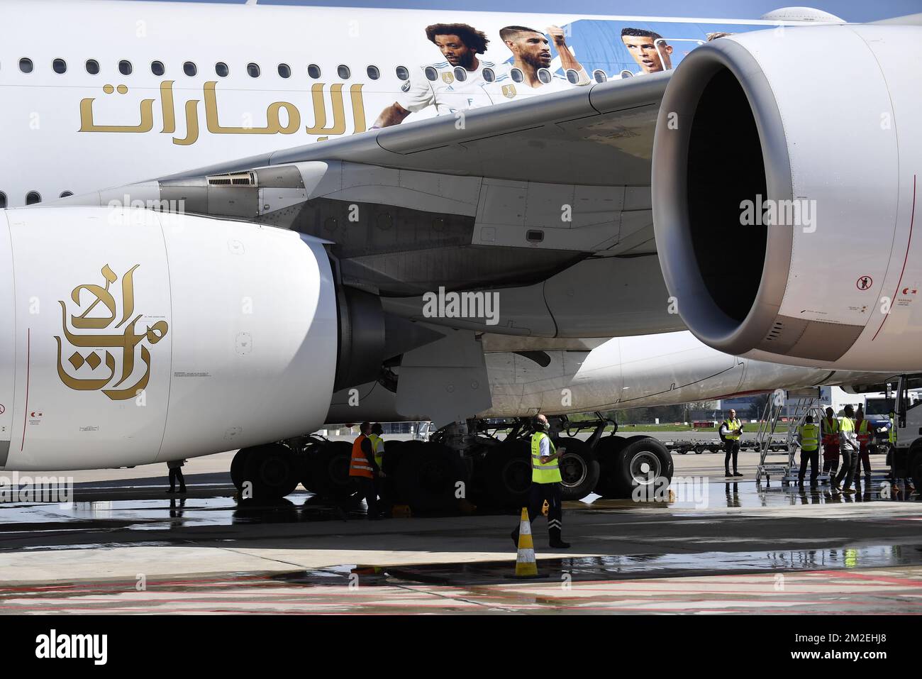 The Airbus A380 of Emirates arrives at the gate, at the inauguration of ...