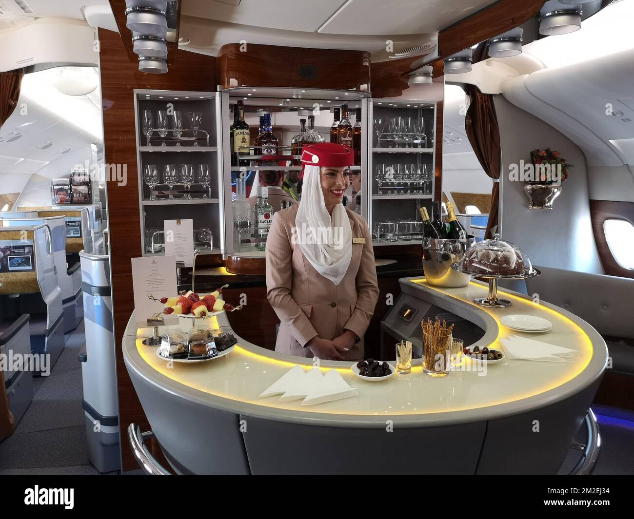 Illustration shows the first class bar inside the A380 airplane in ...