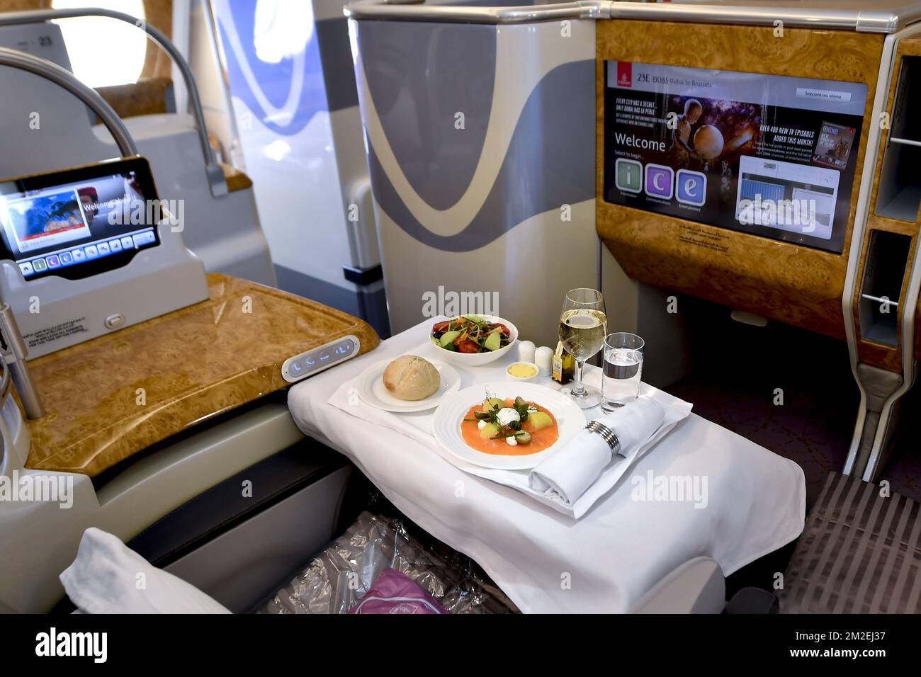 Illustration shows a first class seat, inside the A380 airplane in ...
