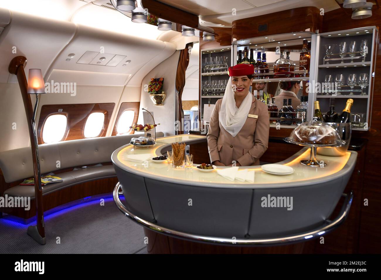 Illustration shows the first class bar inside the A380 airplane in ...