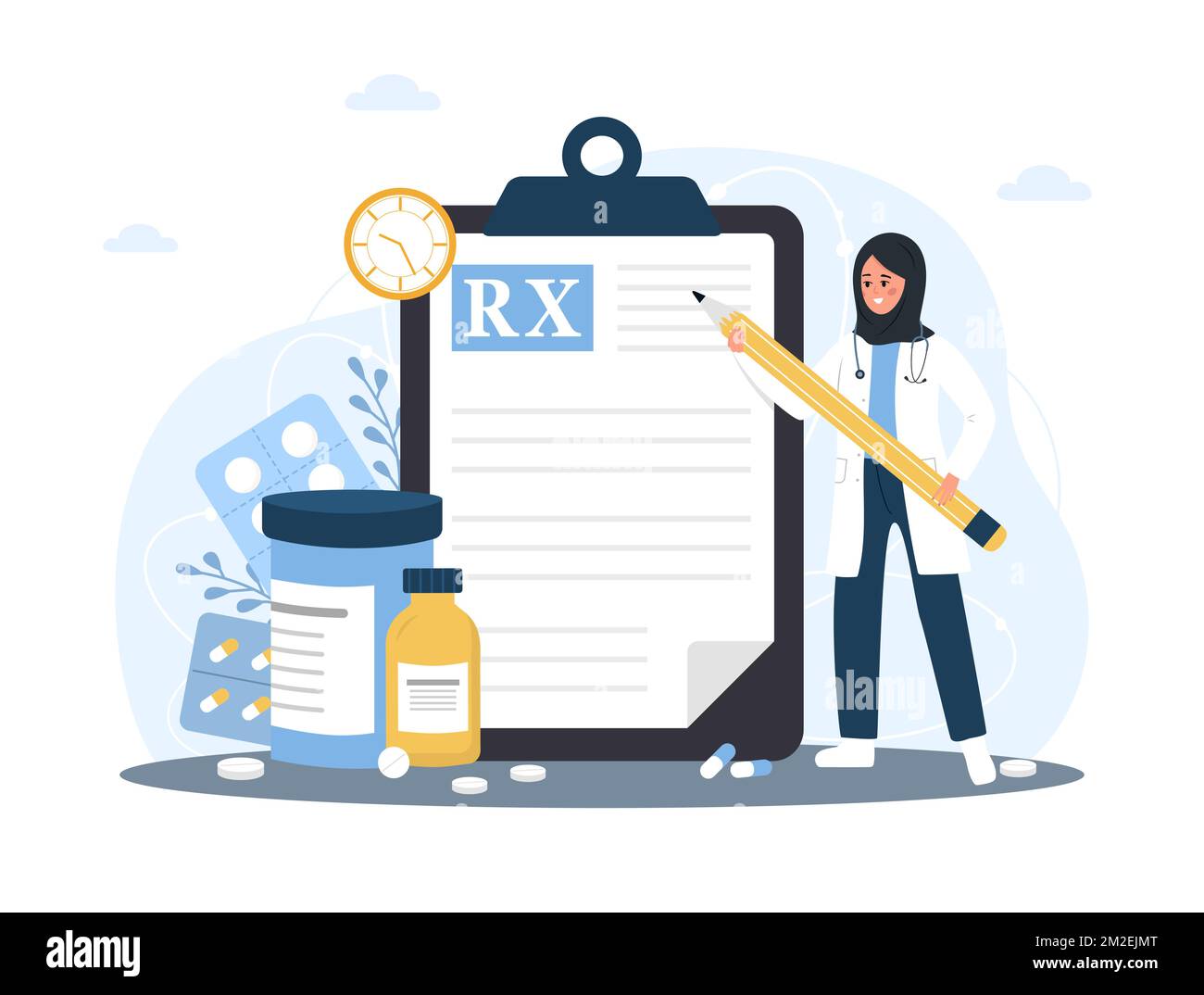 Medical prescription drugs concept. Arabic female doctor with giant ...