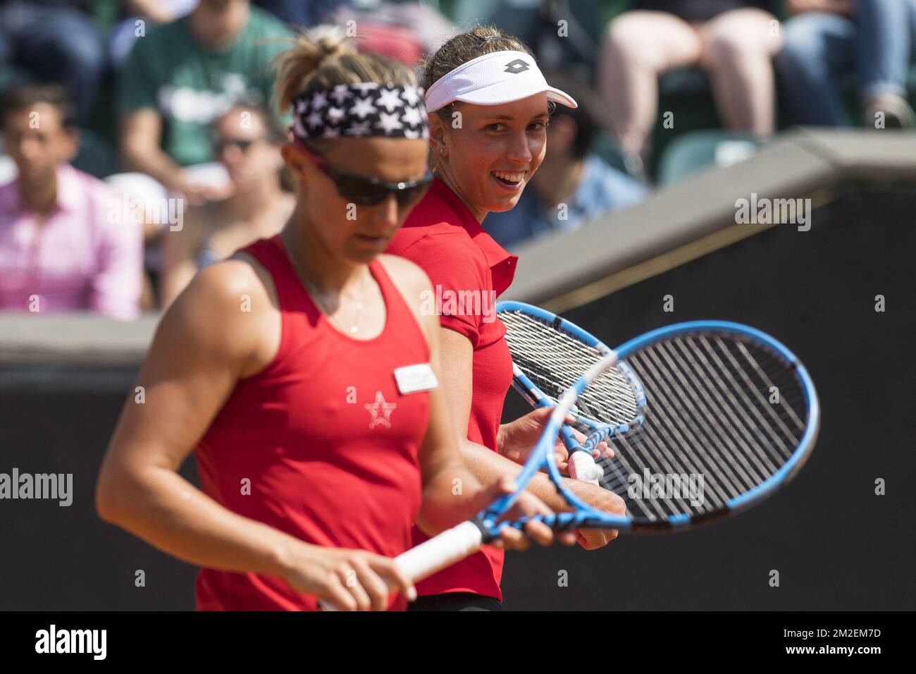 Belgian Kirsten Flipkens and Belgian Elise Mertens pictured during a double tennis game between ...