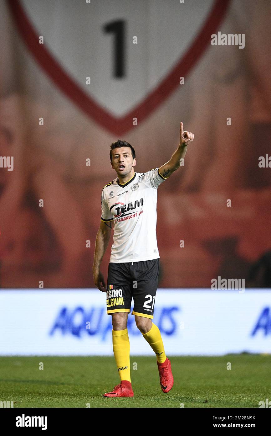 Lokeren's Marko Miric celebrates after scoring during the Jupiler Pro ...