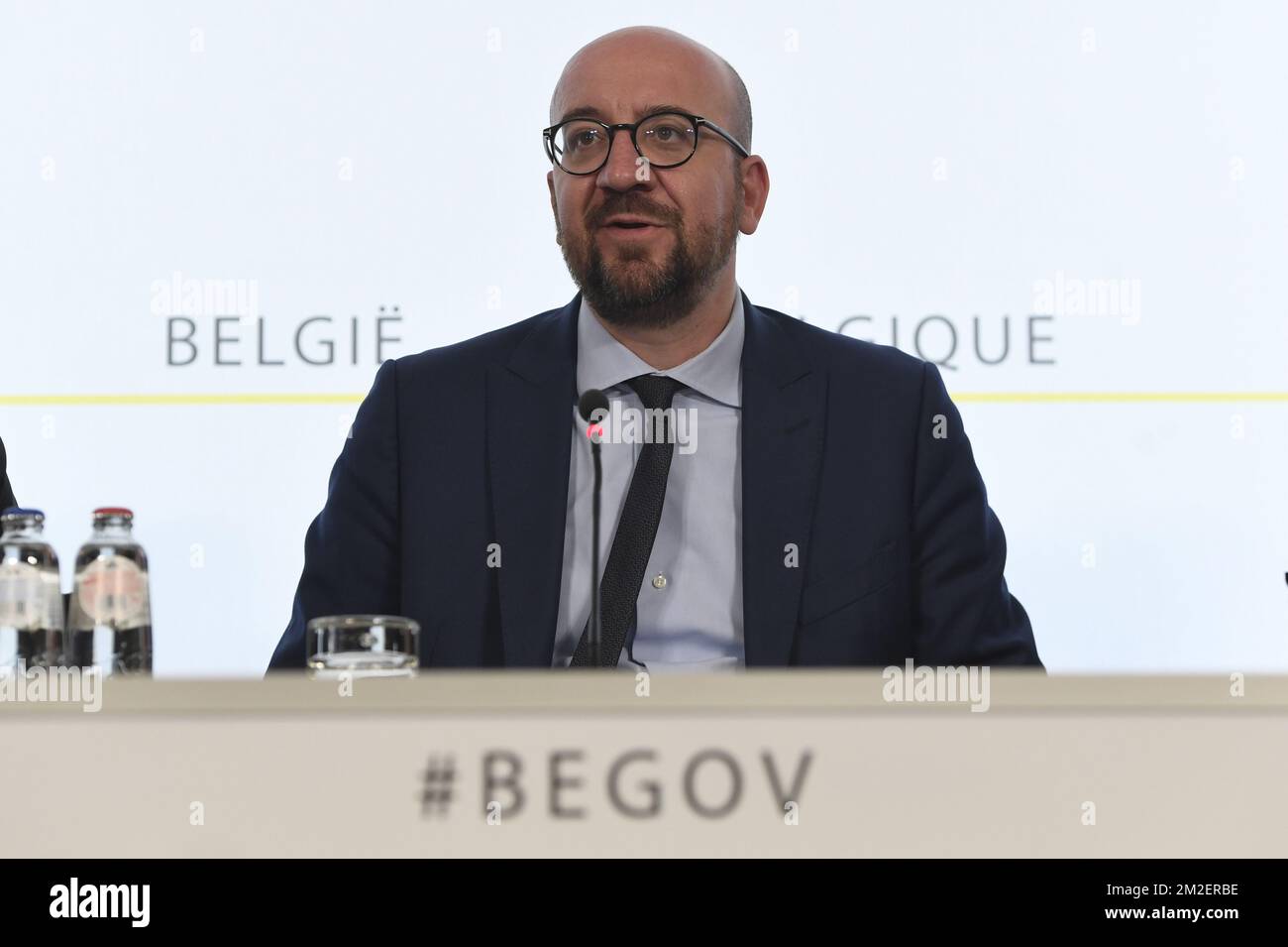Belgian Prime Minister Charles Michel talks to the press during a press ...