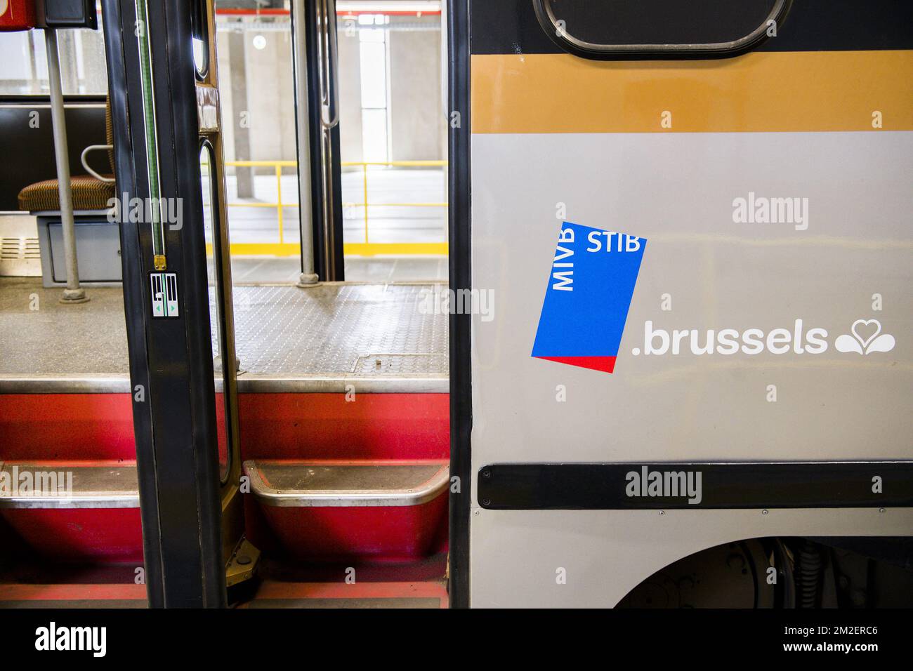 Illustration picture shows the MIVB-STIB logo on a tram, at a press ...