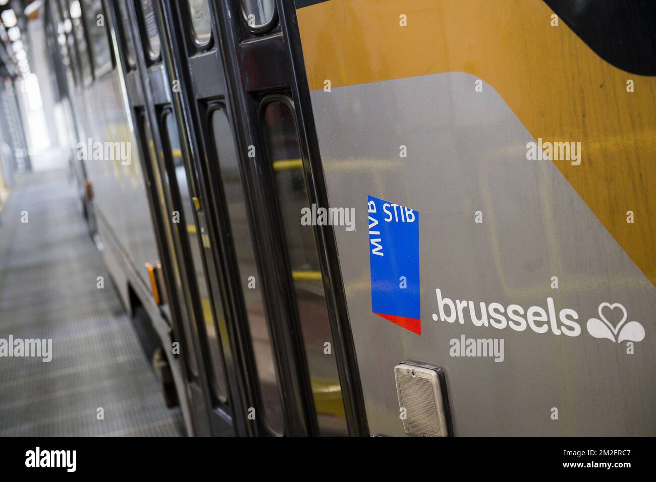 Illustration picture shows the MIVB-STIB logo on a tram, at a press ...