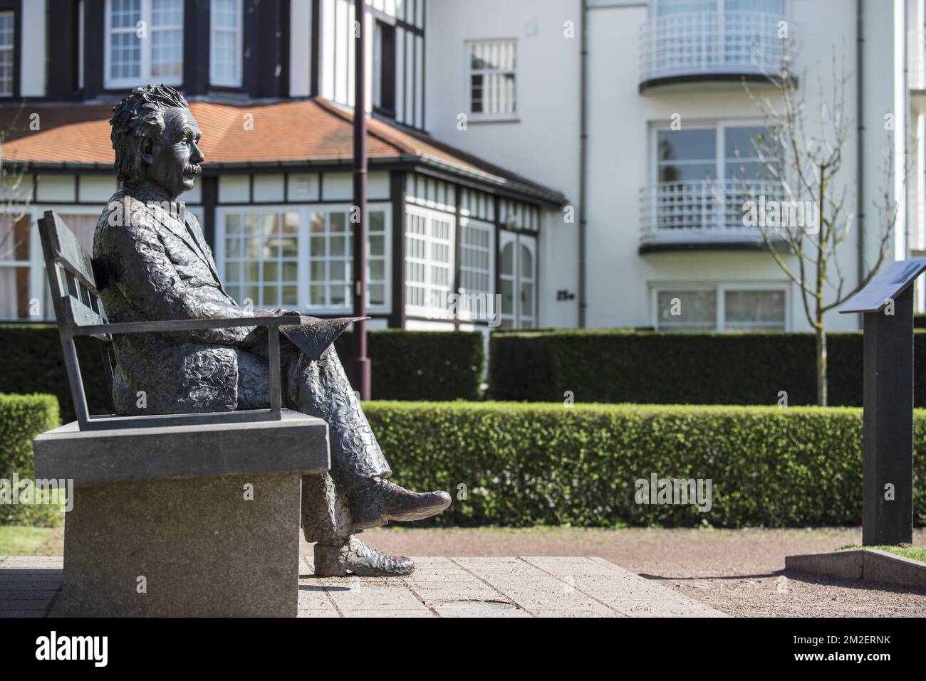 Albert Einstein statue sitting on a park bench at the seaside resort De ...