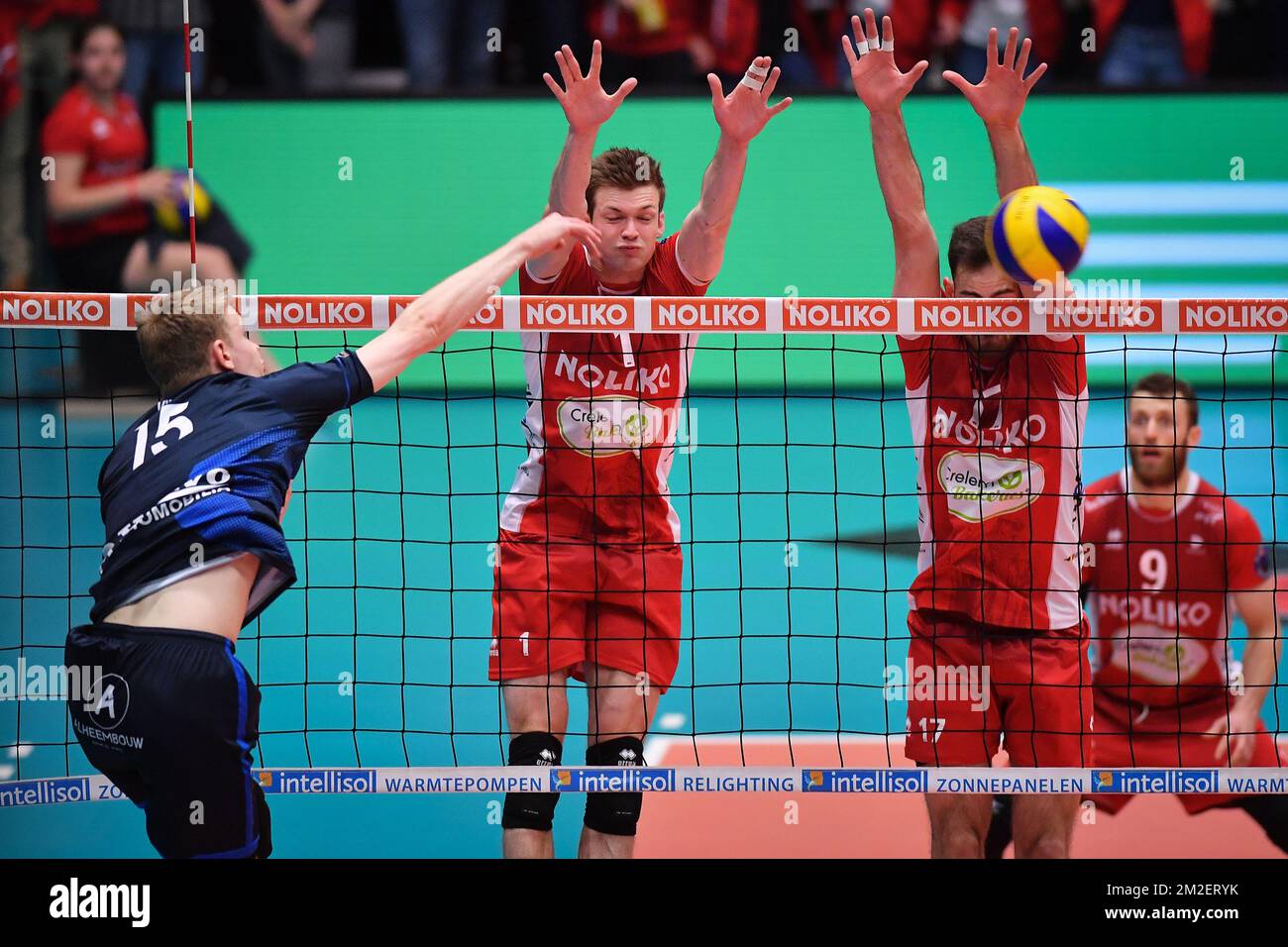 Roeselare's Lou Kindt, Maaseik's Jolan Cox and Maaseik's Dane Mijatovic ...