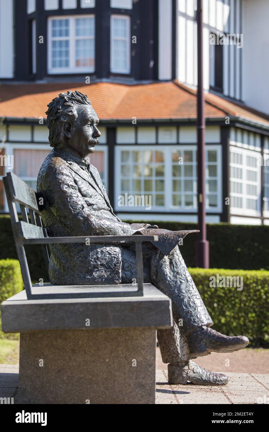 Albert Einstein statue sitting on a park bench at the seaside resort De ...
