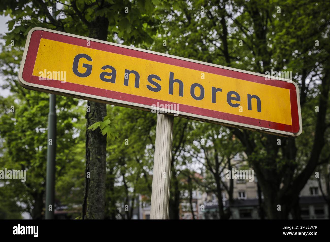 Illustration shows the name of the Ganshoren municipality on a road ...