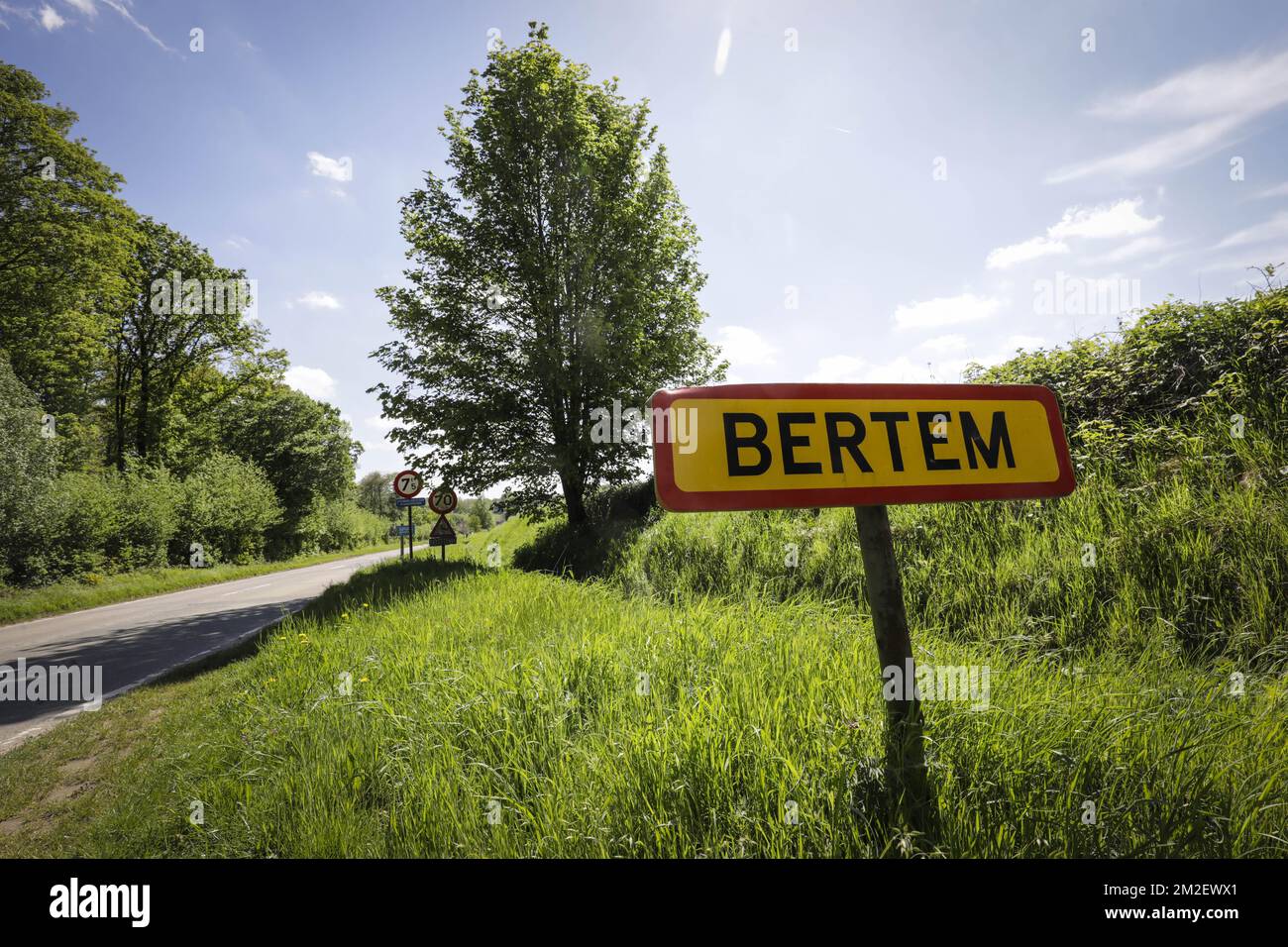 Illustration shows the name of the Bertem municipality on a road sign ...