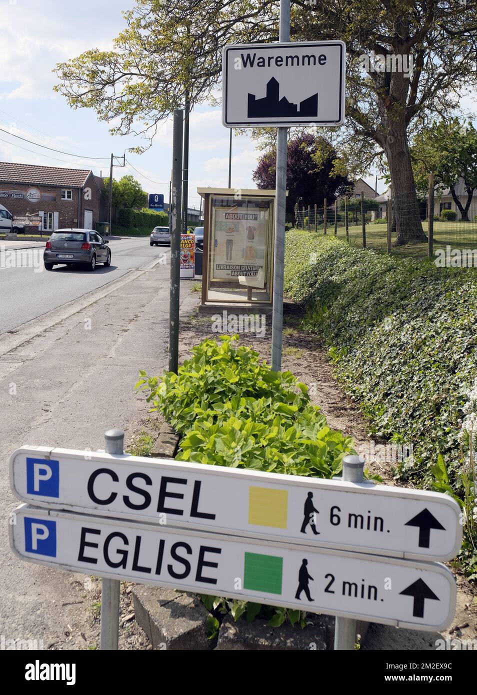 Illustration shows the name of the Waremme municipality on a road sign ...