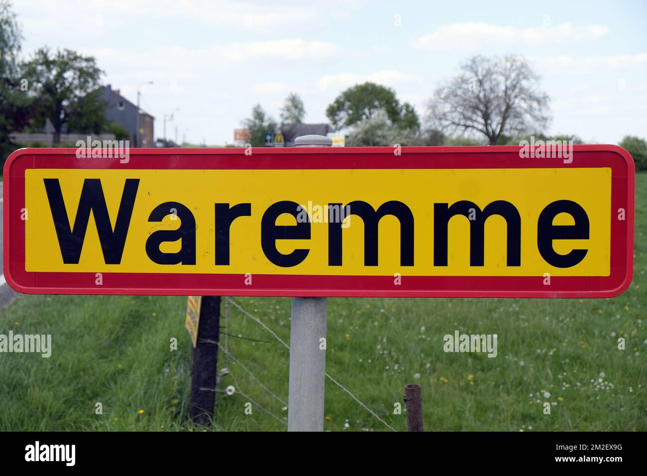 Illustration shows the name of the Waremme municipality on a road sign ...