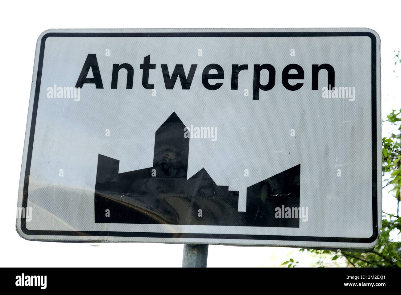 Illustration shows the name of the ANTWERPEN municipality on a road ...