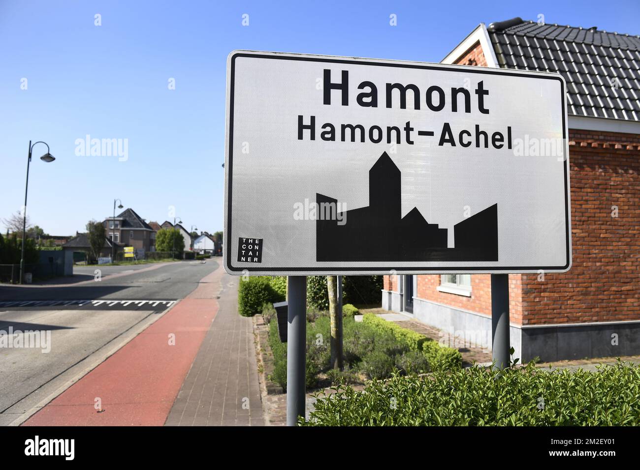 Illustration shows the name of the Hamont-Achel municipality on a road ...