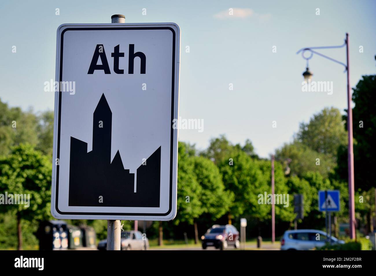 Illustration shows the name of the Ath (Aat) municipality on a road ...
