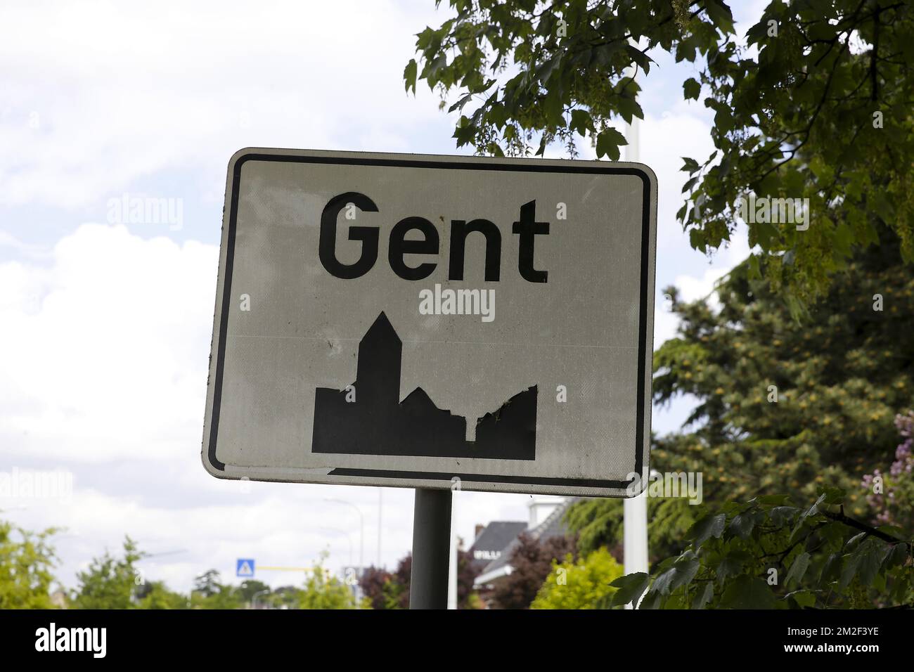 Illustration shows the name of the Gent municipality on a road sign ...