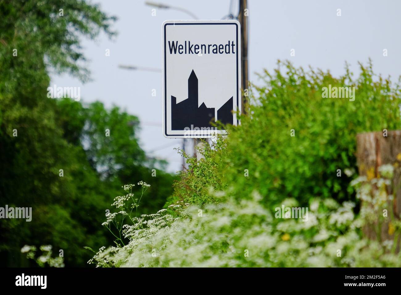 Illustration shows the name of the Welkenraedt municipality on a road ...
