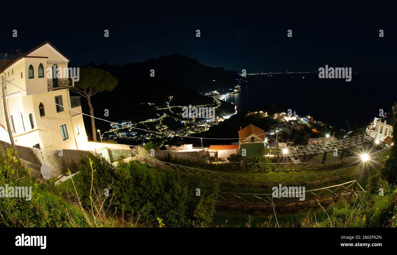 Aerial view of Ravello by night. Amalfi coast is popular travel and ...