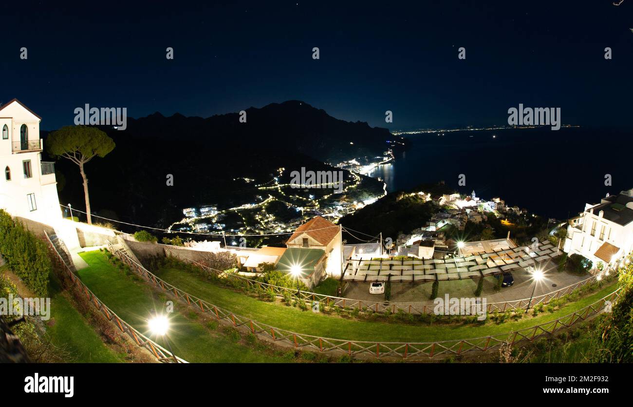 Aerial view of Ravello by night. Amalfi coast is popular travel and ...