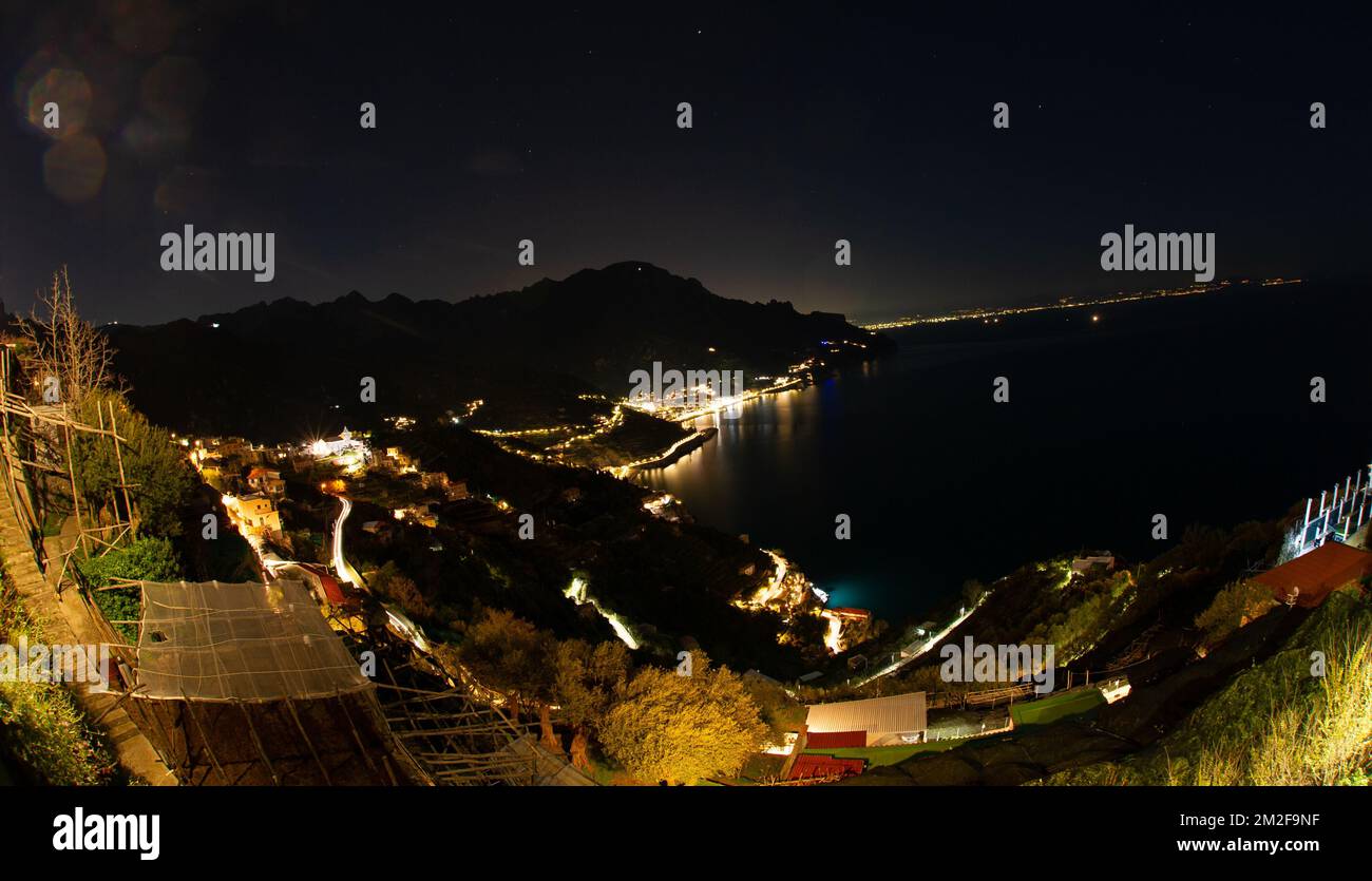 Aerial view of Ravello by night. Amalfi coast is popular travel and ...