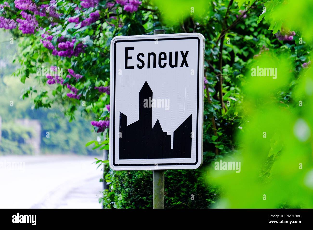 Illustration shows the name of the Esneux municipality on a road sign ...