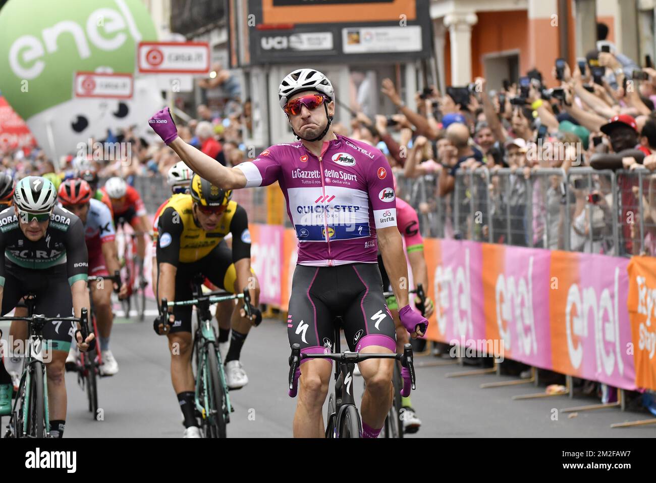 Italian Elia Viviani of Quick-Step Floors celebrates at the stage 13 of ...