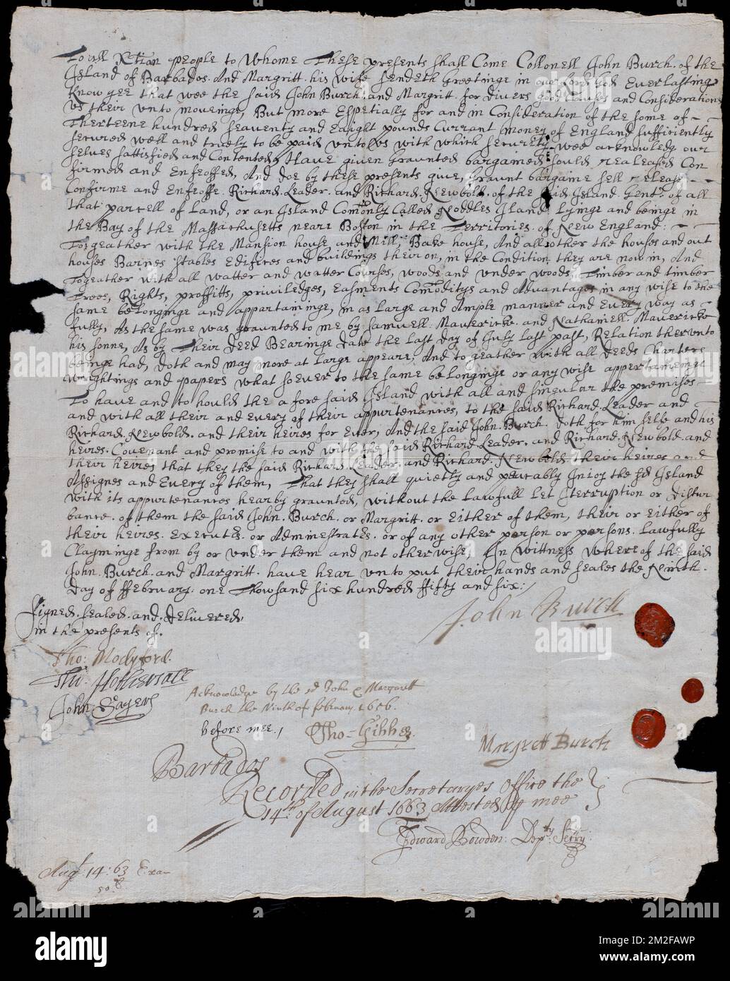 Deed conveying Noddle's Island in Boston Harbor from John and Margaret ...