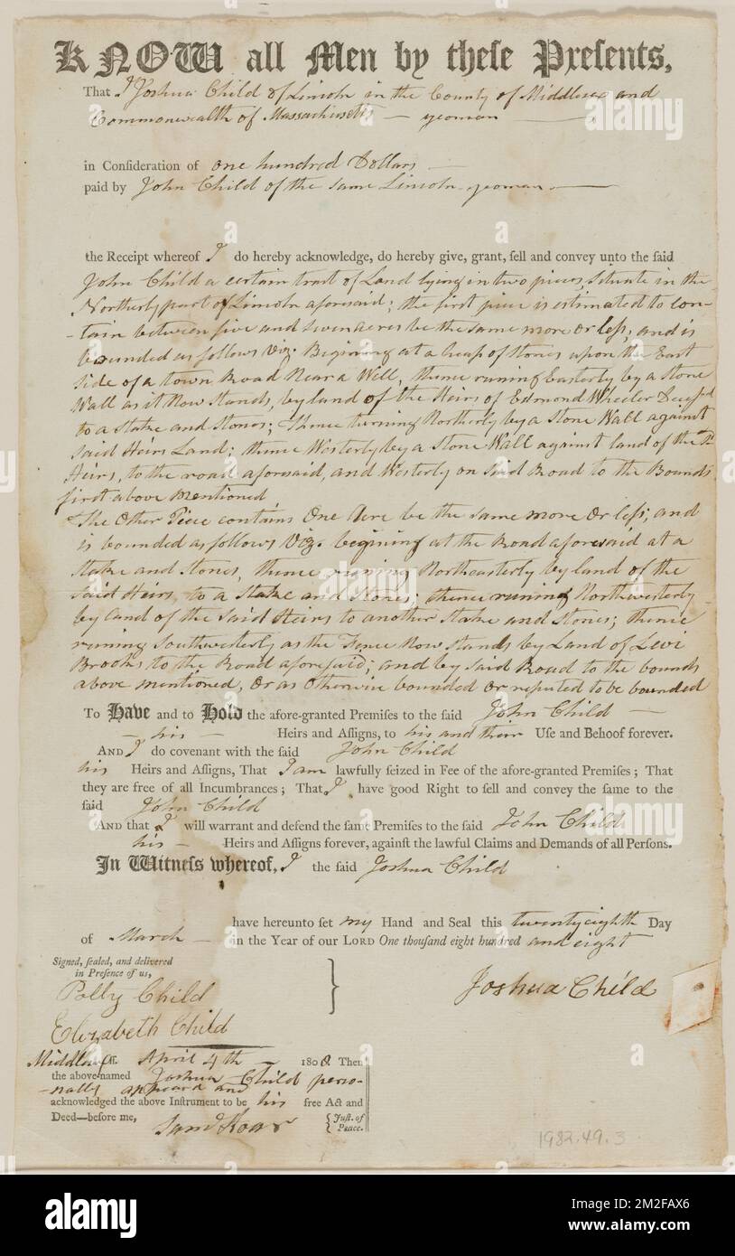 Deed of Joshua Child to John Child for land in Lincoln, in ...