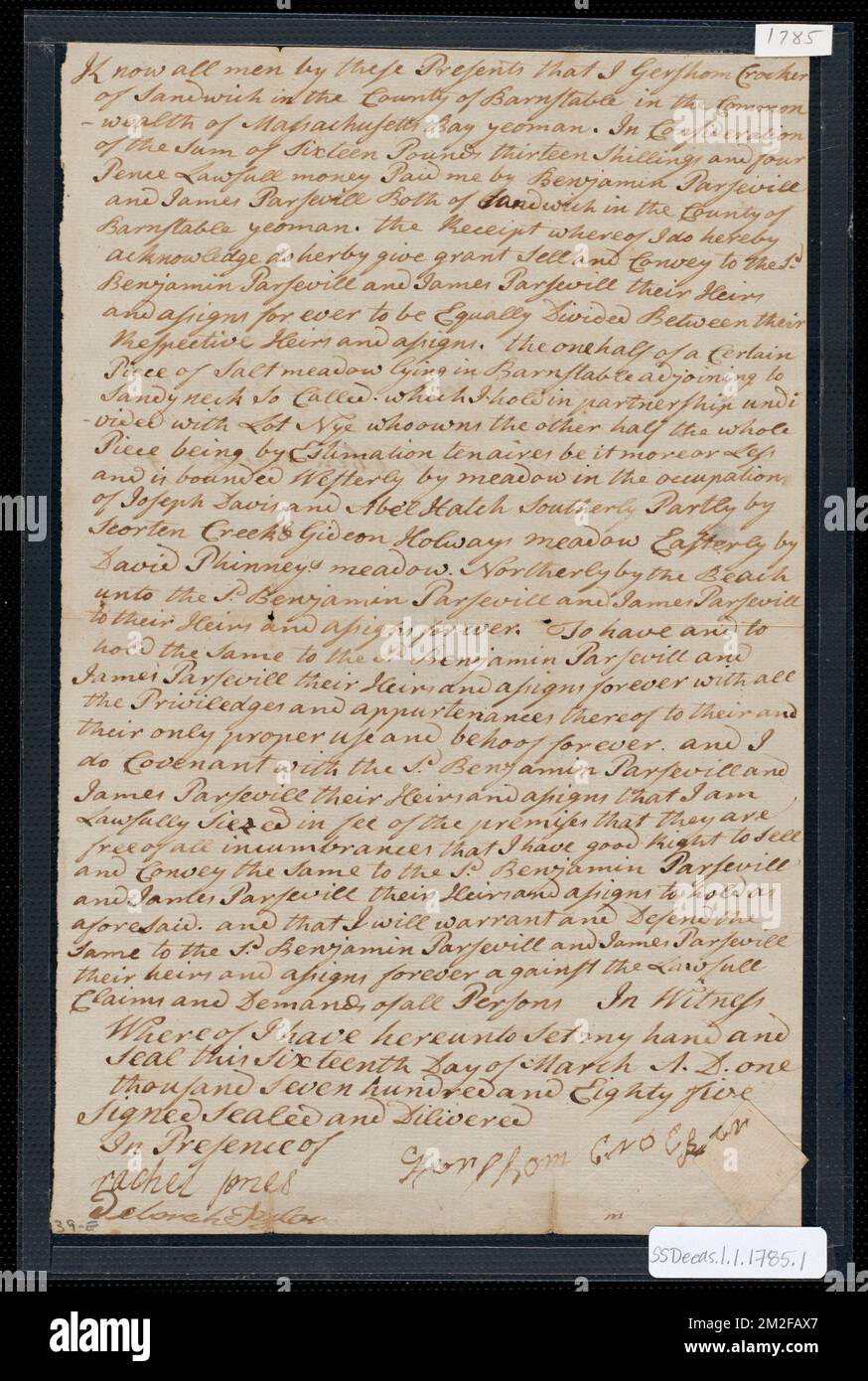 Deed of property in Barnstable sold to James Parsevill and Benjamin ...