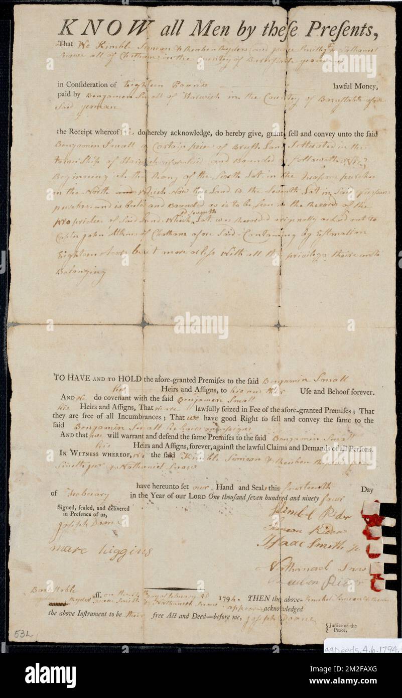 Deed of property in Barnstable sold to Benjamin Smalls of Harwich by ...