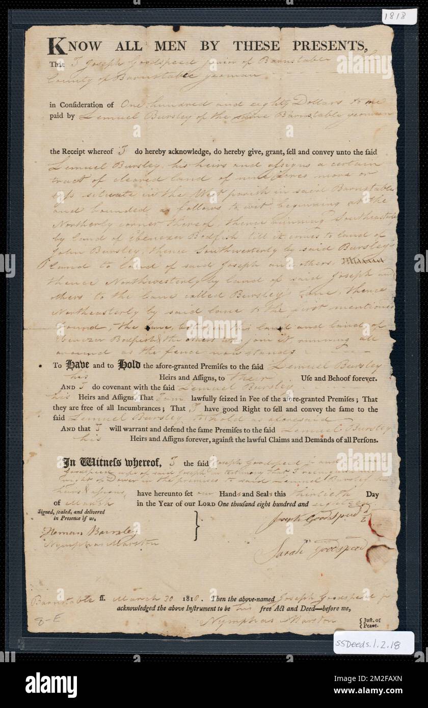 Deed of property in Barnstable sold to Lemuel Bursley of Barnstable by ...