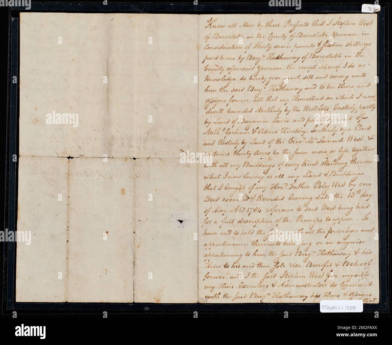 Deed of property in Barnstable sold to Benjamin Hathaway by Stephen ...
