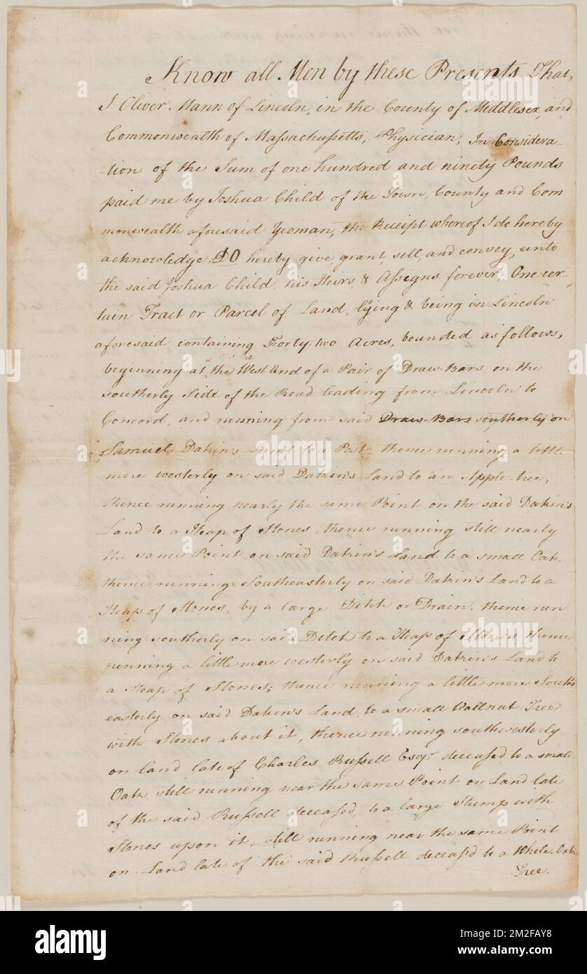 Deed from Oliver Mann to Joshua Child for 42 acres land in Lincoln, in ...