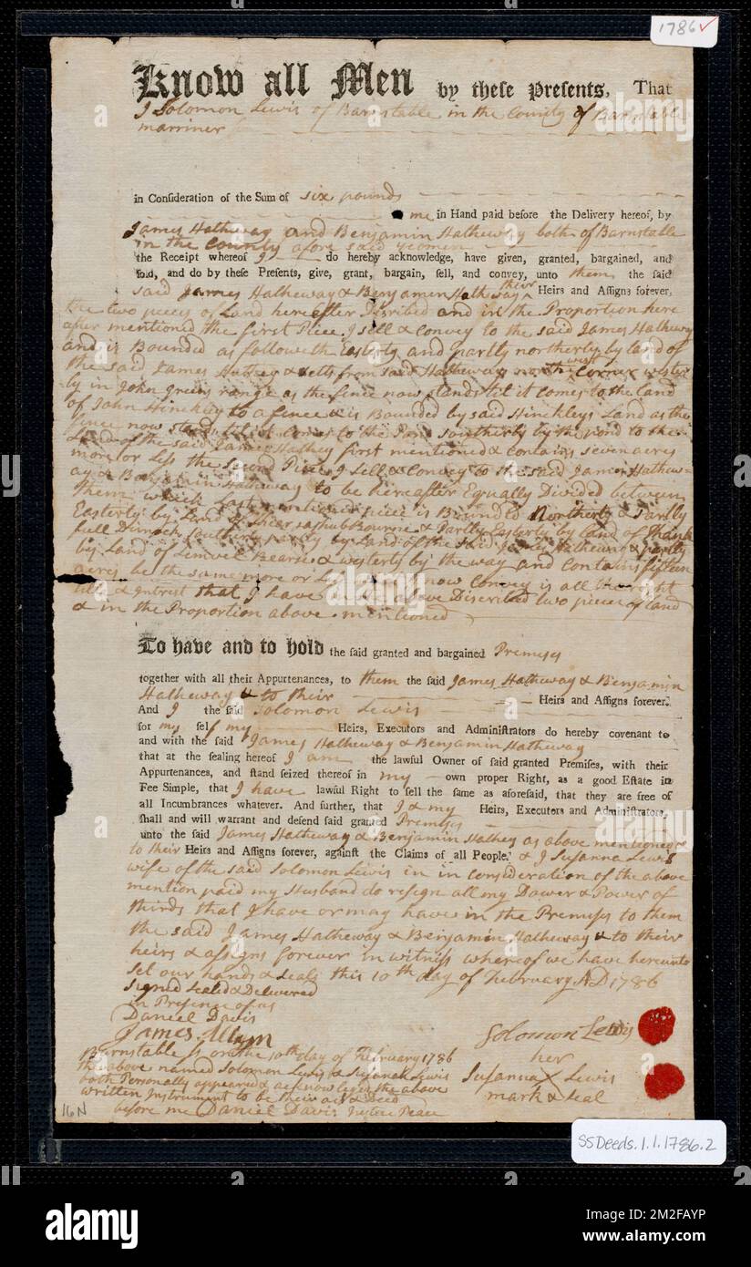 Deed of property in Barnstable sold to James Hatheway and Benjamin ...