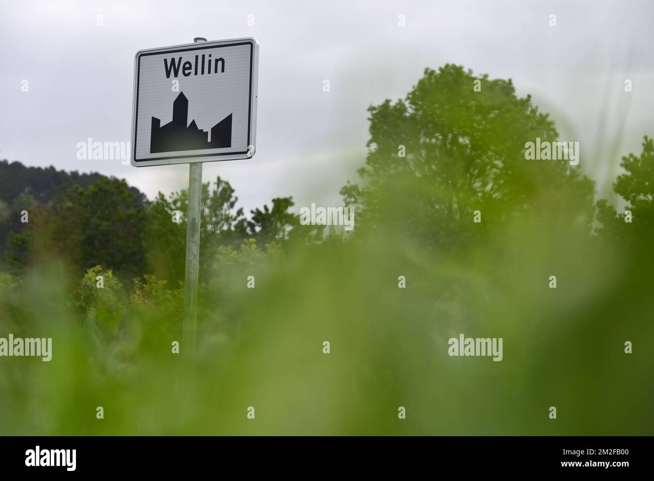 Illustration shows the name of the Wellin municipality on a road sign ...
